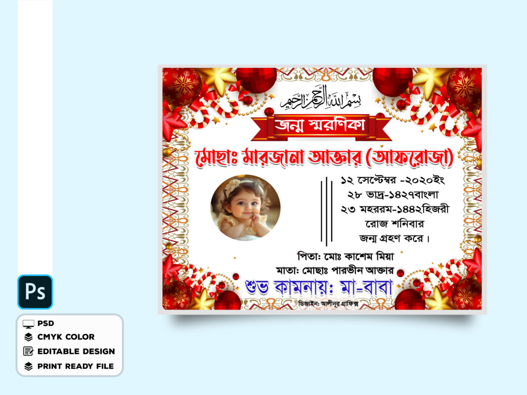Baby Girl Janmo Shoronika Card Design | শিশুর জন্ম স্মরণিকা ডিজাইন ...